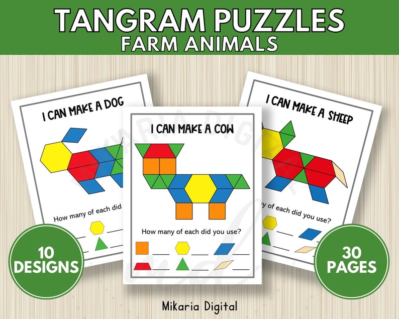 Farm Animal Pattern Block Mats Tangram Puzzle Cards for Kids - Etsy