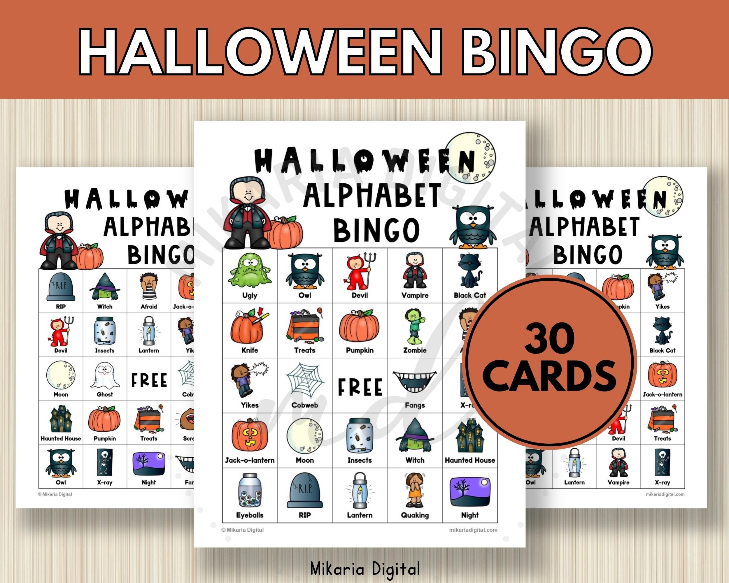 Halloween Alfabet Bingokaarten voor kinderen, Halloween Party Game ...