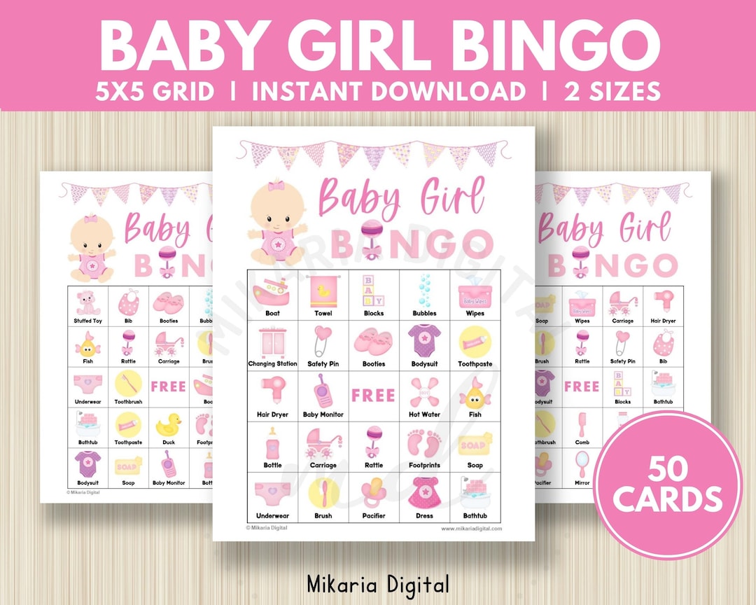 Baby Girl Bingo Cards Printable, Girl Baby Shower Games, Baby Girl ...