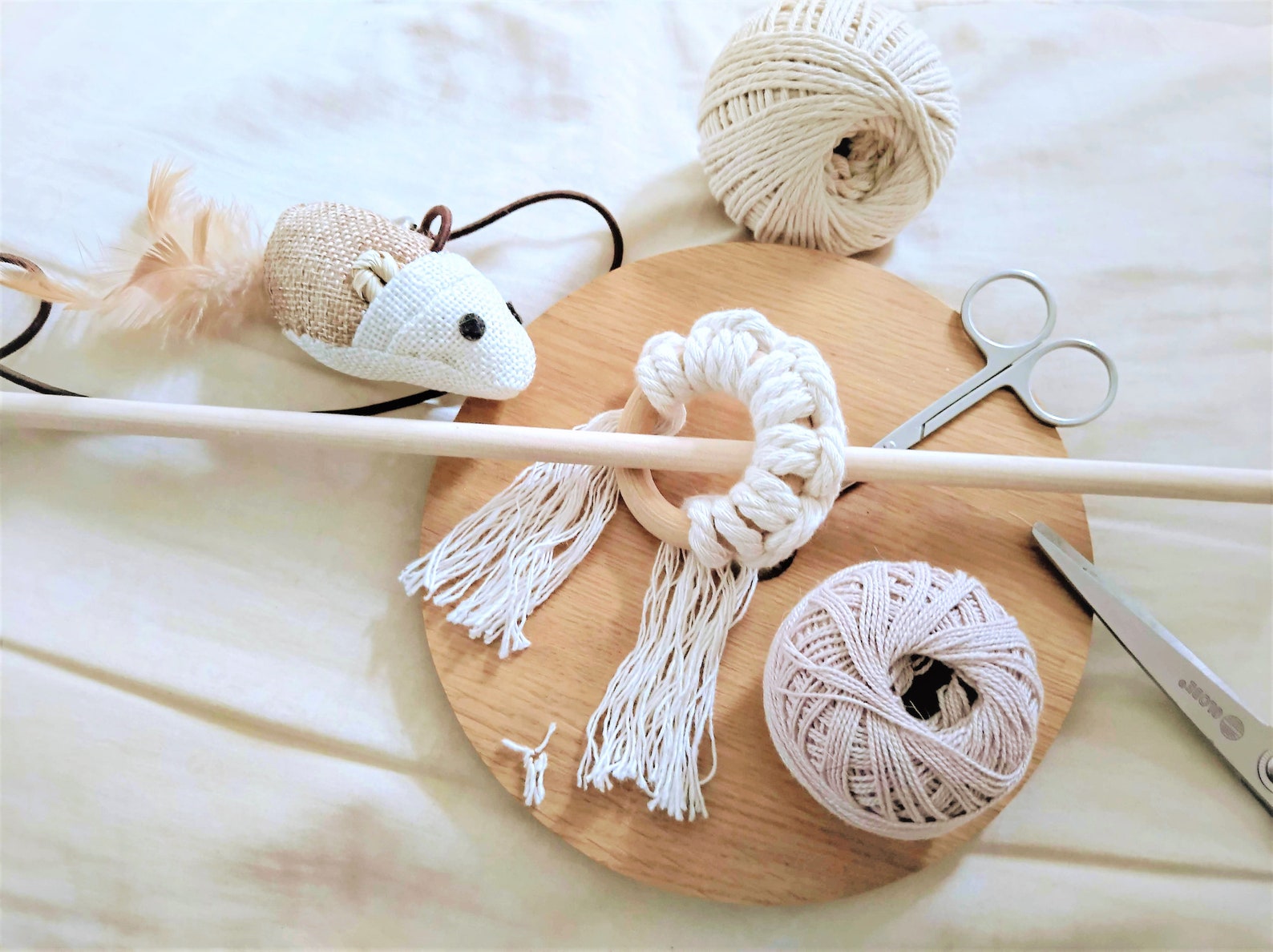 Kawaii Natural Cat Toy Mouse in a Macrame Hat With Fringe in - Etsy
