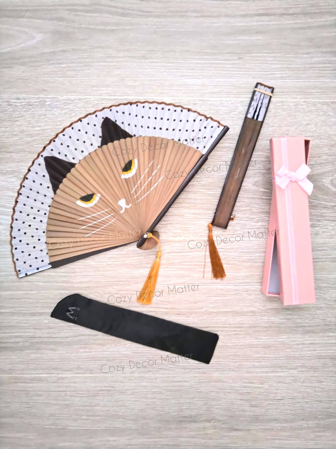 Cat Hand Fan With Unique Sleeve, Cute Paper Fan in Bag, Japanese Paper ...