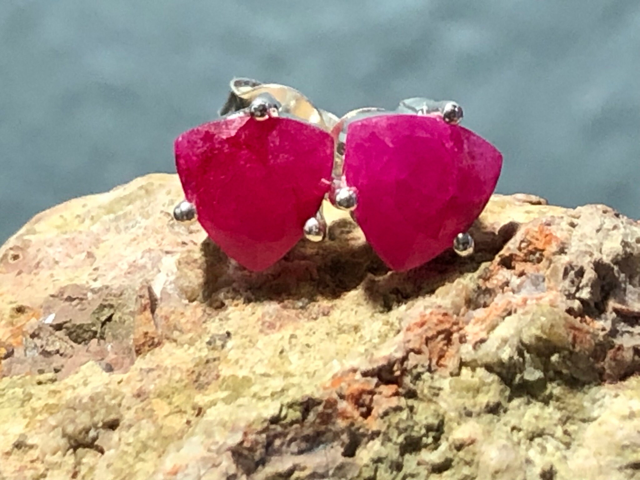 Natural Trilliant Cut Red Ruby Stud Earrings Birthstone | Etsy