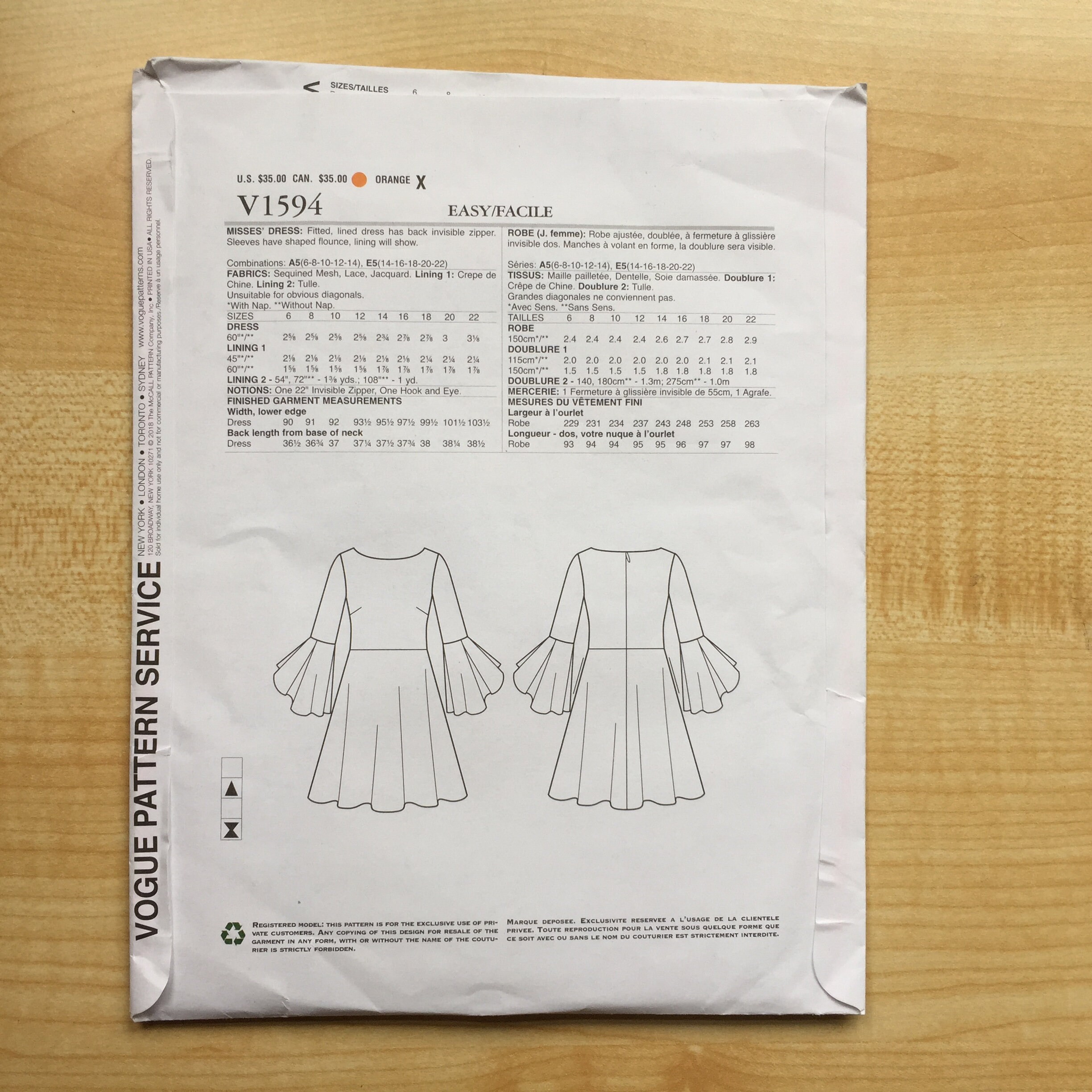 Vogue V1594 - Sewing Pattern for Fitted Dress With Sleeves and Flounce ...