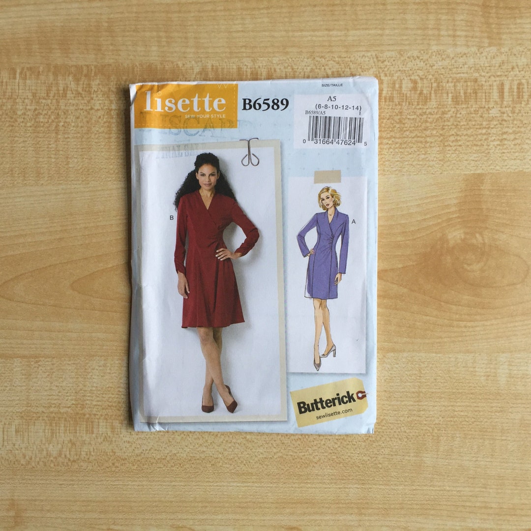 Lisette Butterick B6589 Sewing Pattern for Faux wrap dress with Straight or Flared Skirt Uncut ...