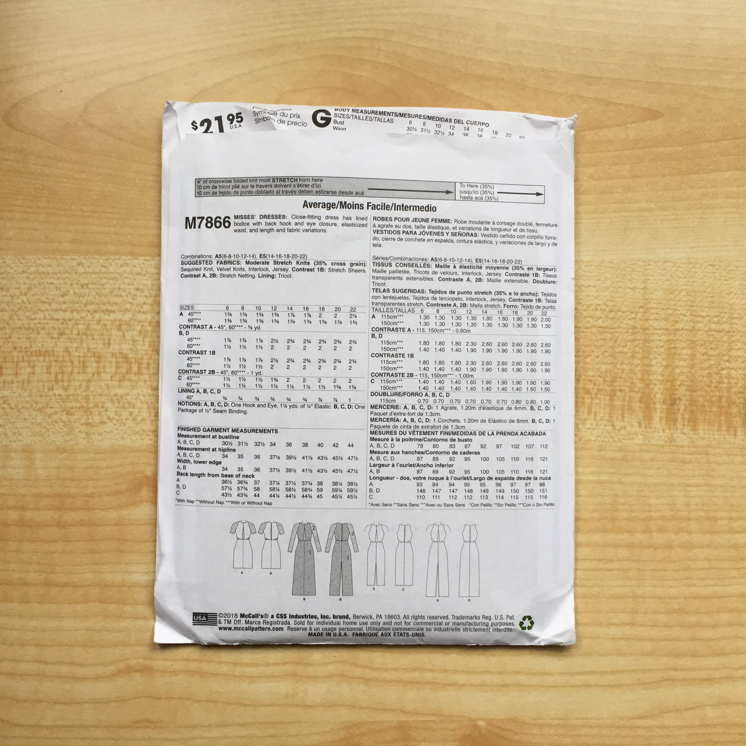 Mccall's M7866 Printed Sewing Pattern for Close Fitting Knit Dress ...