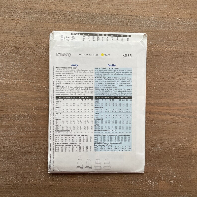 Butterick 3855 - Printed Sewing Pattern for Skirts, With Flounce or ...