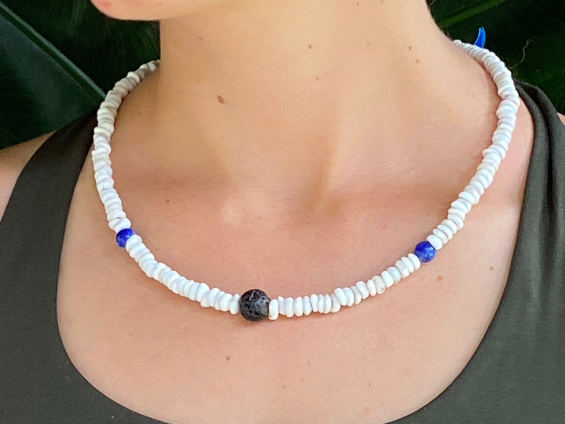 Hawaiian Puka Shell Necklace With Basalt Pendant and Blue Beads - Etsy
