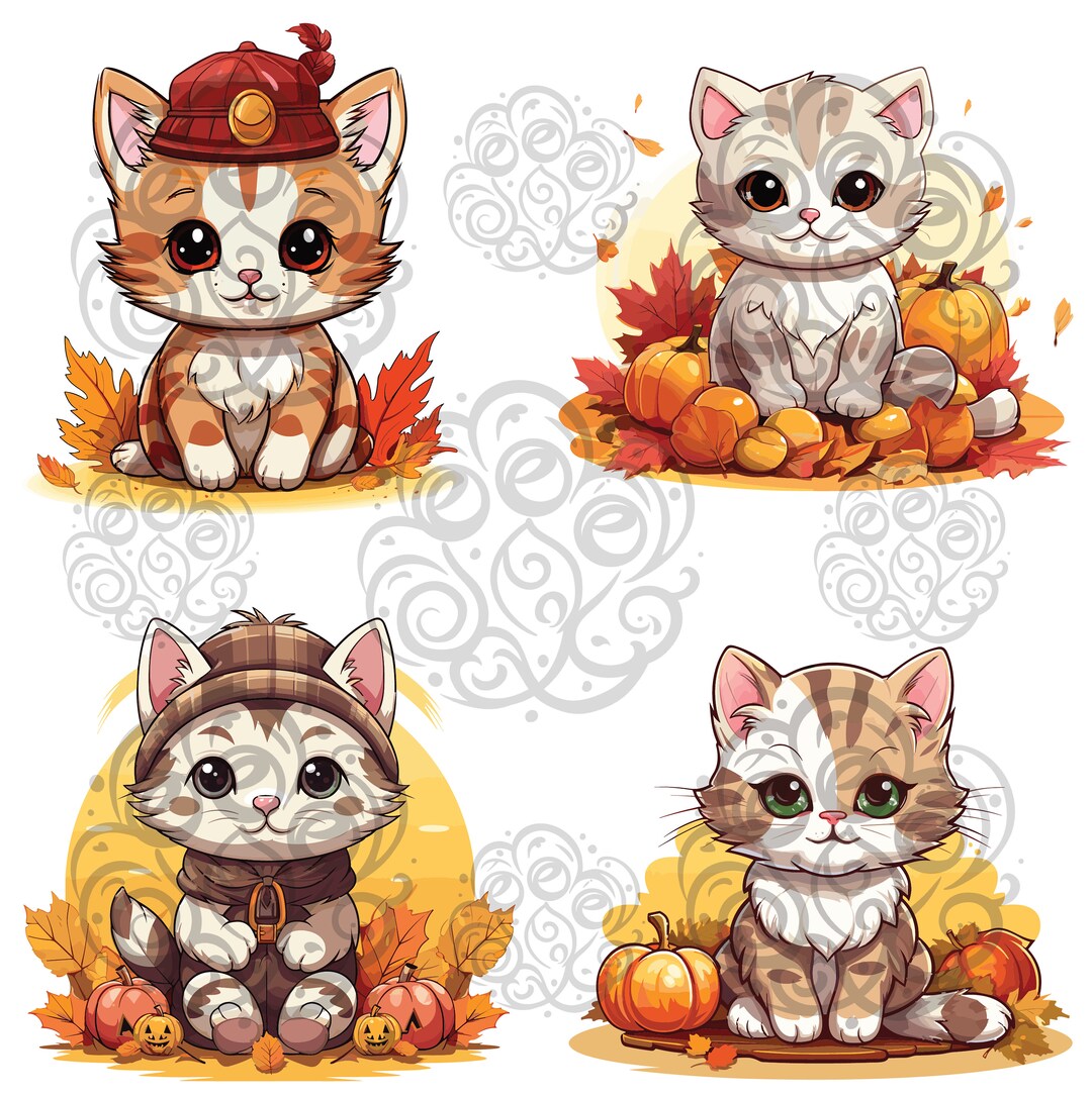 Cute Fall Kitty, Digital Design- Png, Svg, Dxf, Eps, 4 Clipart Vector ...