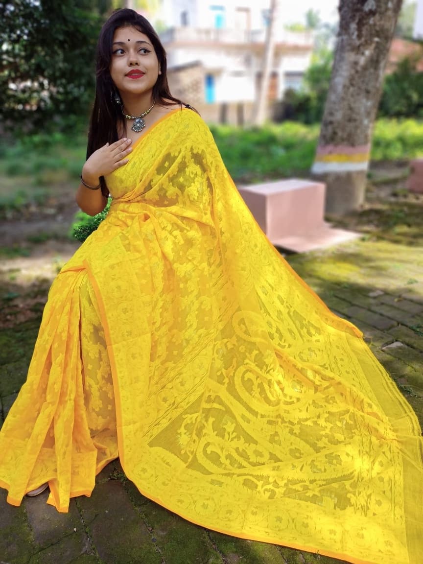 Yellow Jamdani Saree/ Indian Traditional Bengali Hand Loom Saree/resham ...