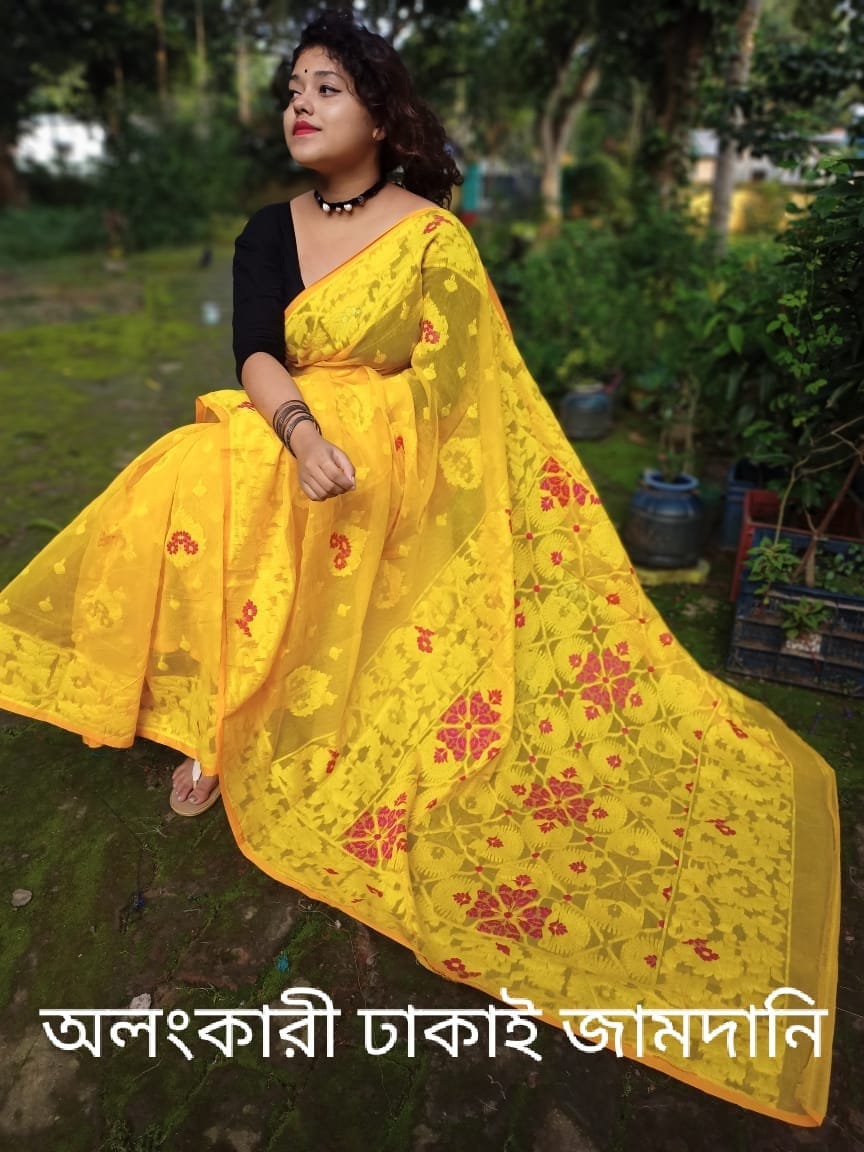 Yellow Jamdani Saree/ Indian Traditional Bengali Hand Loom Saree/resham ...