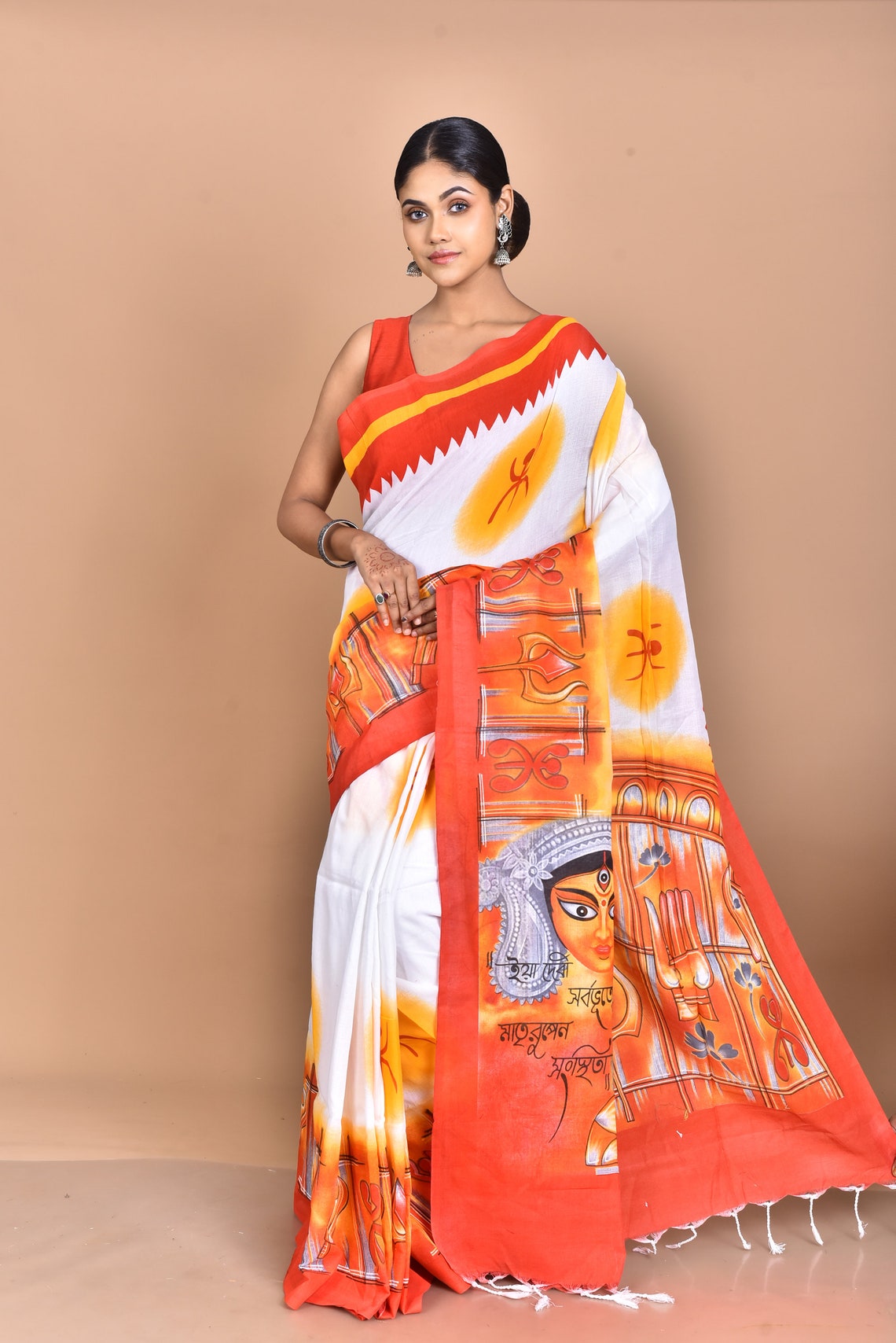 Durga Puja Spacial-maa Durga Hand Print Saree With Blouse. - Etsy