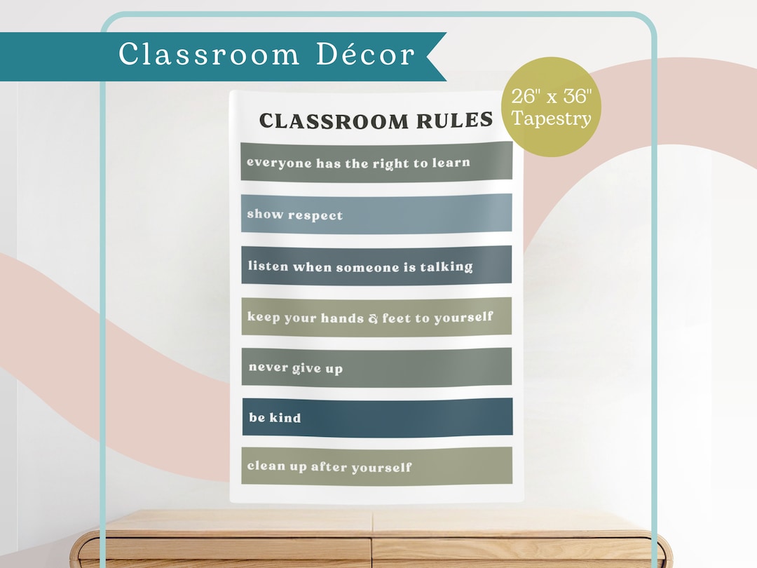 Classroom Rules Wall Tapestry | Elementary School Calm Blues and Greens ...