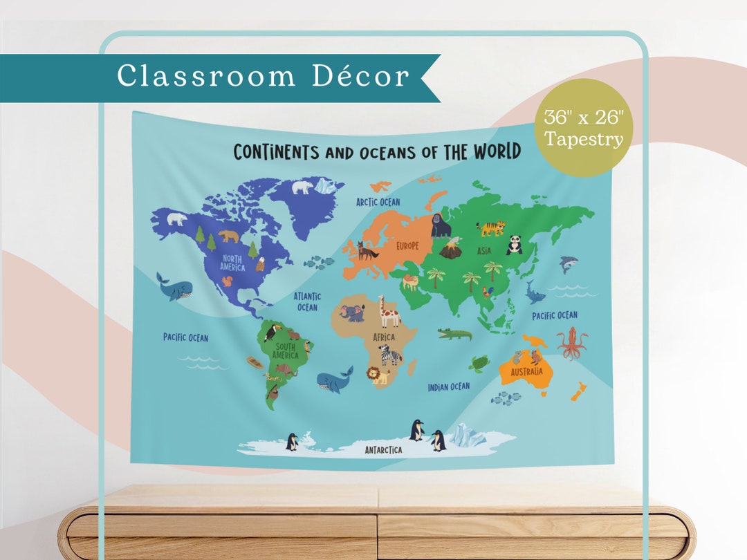 Animal World Map Classroom Tapestry | Elementary School Decor ...