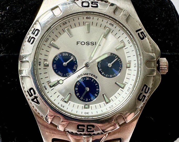 Men Fossil Blue Watch Bq9165 Silver Case Stainless Steel Band 100m ...