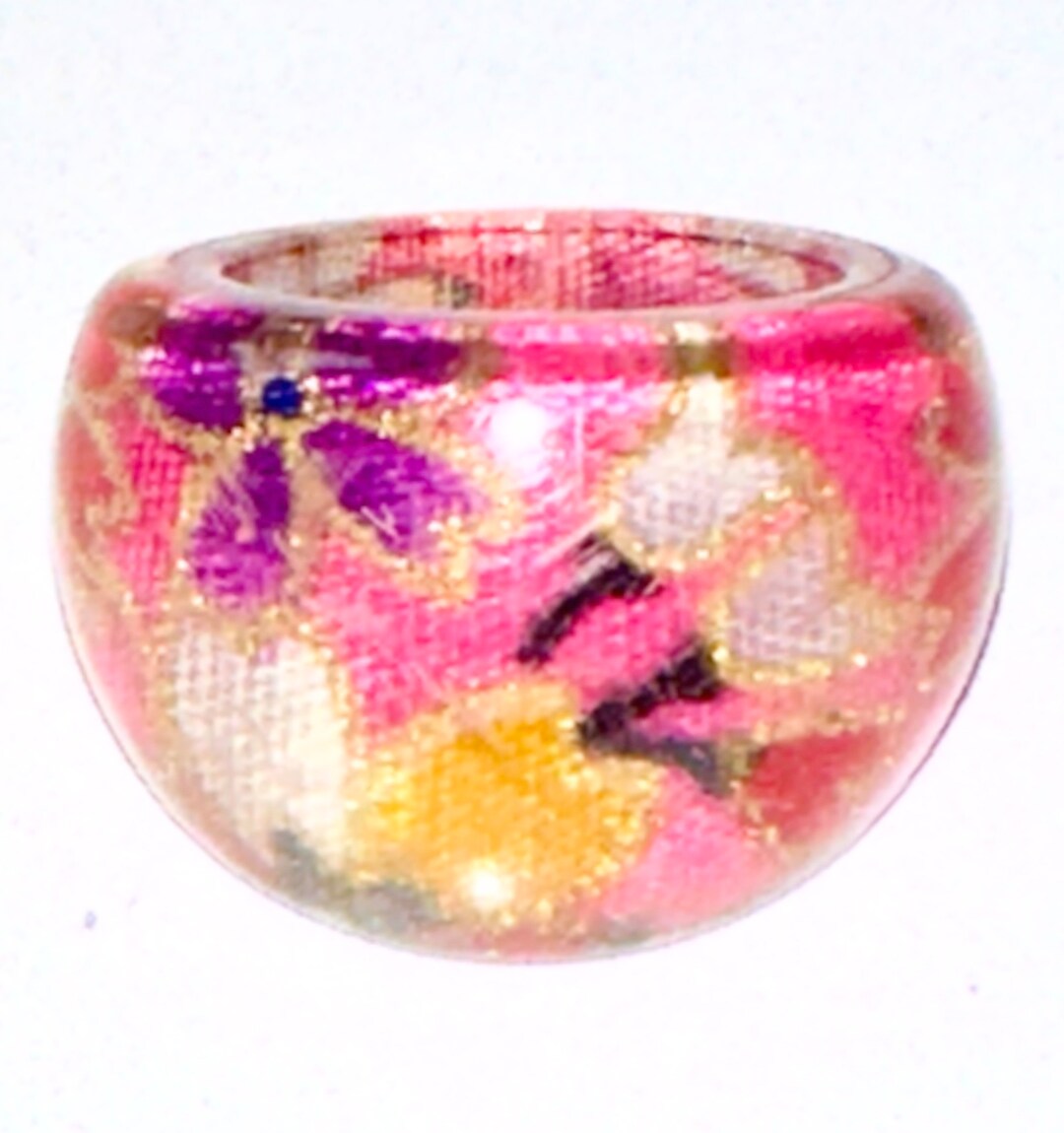 Vintage 80's Lucite Vivid Floral Print Ring, as New UK N - Etsy
