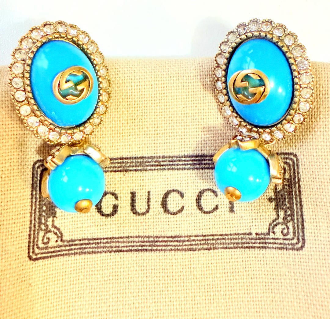 VTG Ladies Gucci Running GG Logo Gold and Turquoise Drop Dangle Stud ...