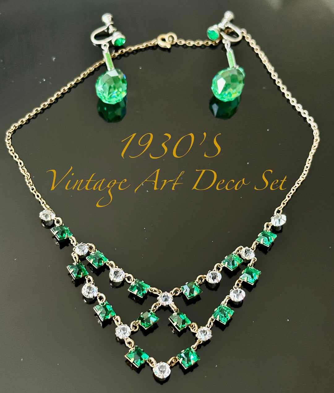 Vintage Art Deco Bezel Set Emerald and White Sapphire Crystal Necklace ...