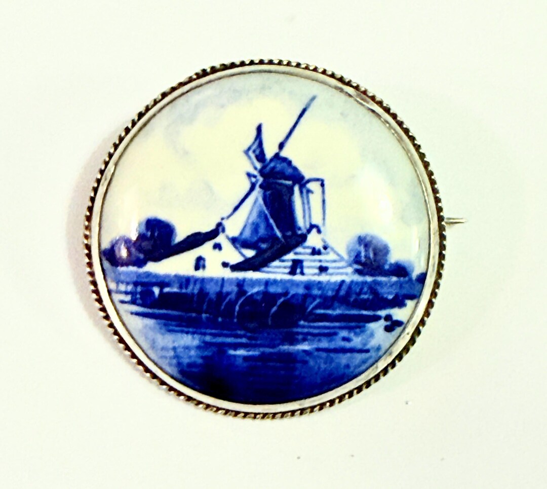 Delft Windmill Brooch Dutch Holland Blue Paint Porcelain Pin 835 Silver ...