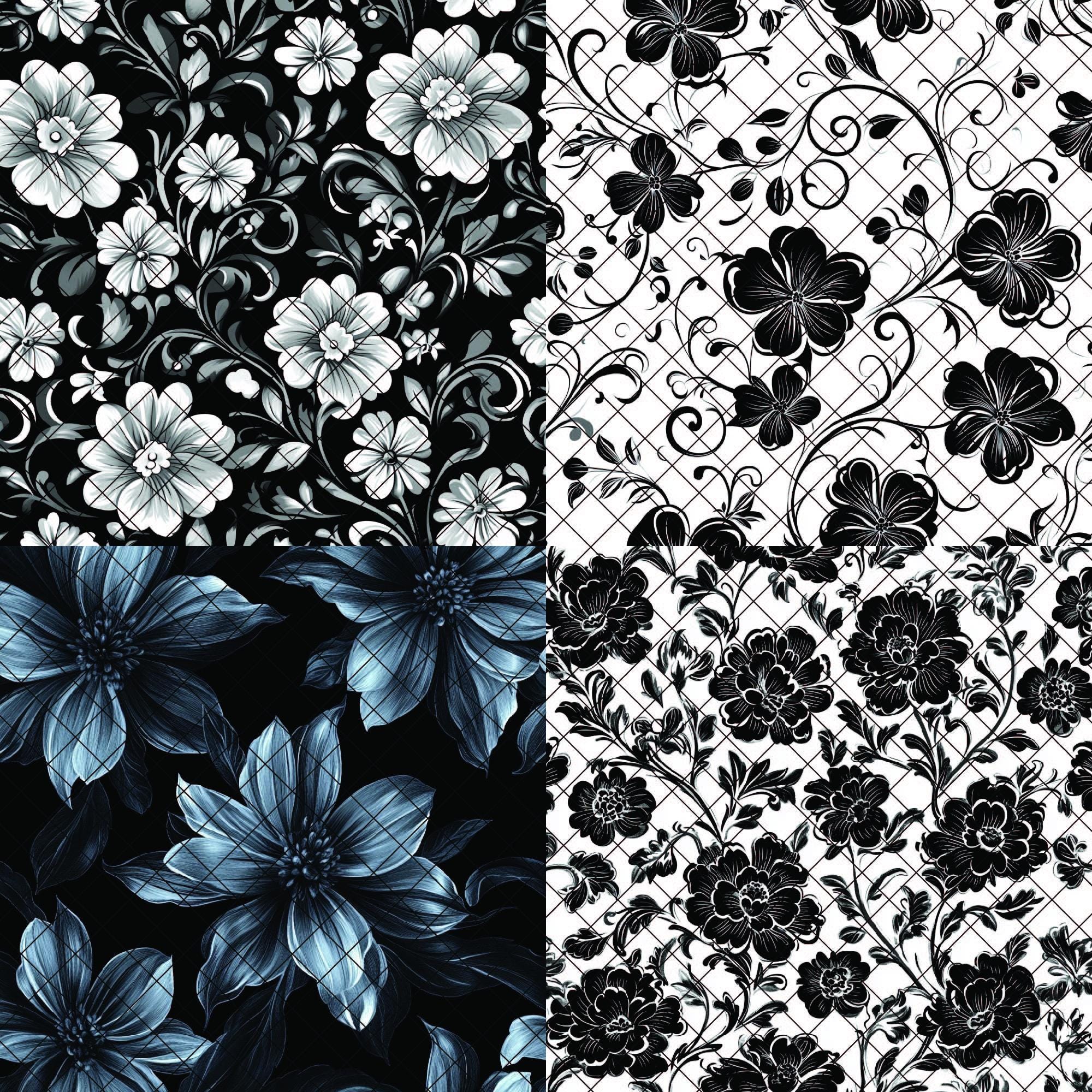 Black and White Floral Digital Paper Pack – 20 Unique Designs, 12x12 ...