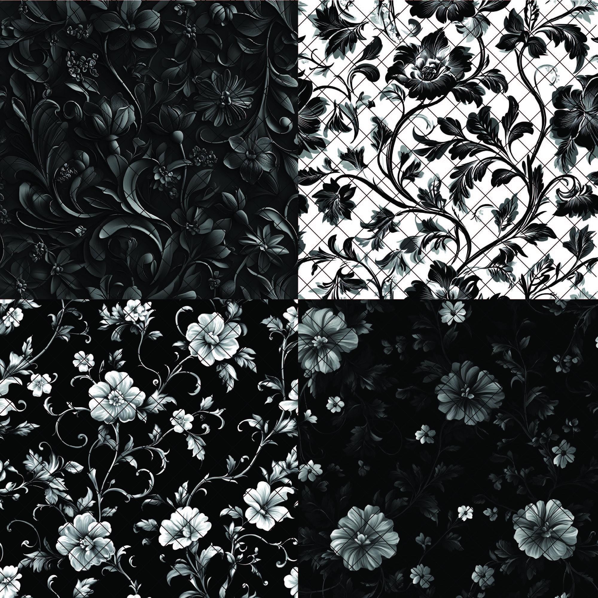 Black and White Floral Digital Paper Pack – 20 Unique Designs, 12x12 ...
