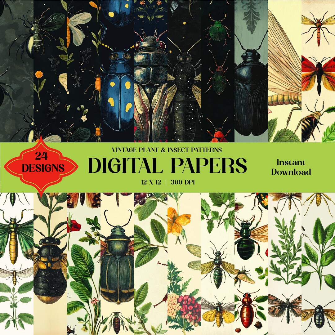 Vintage Botanical Insect Digital Paper: Natural History Scrapbook ...