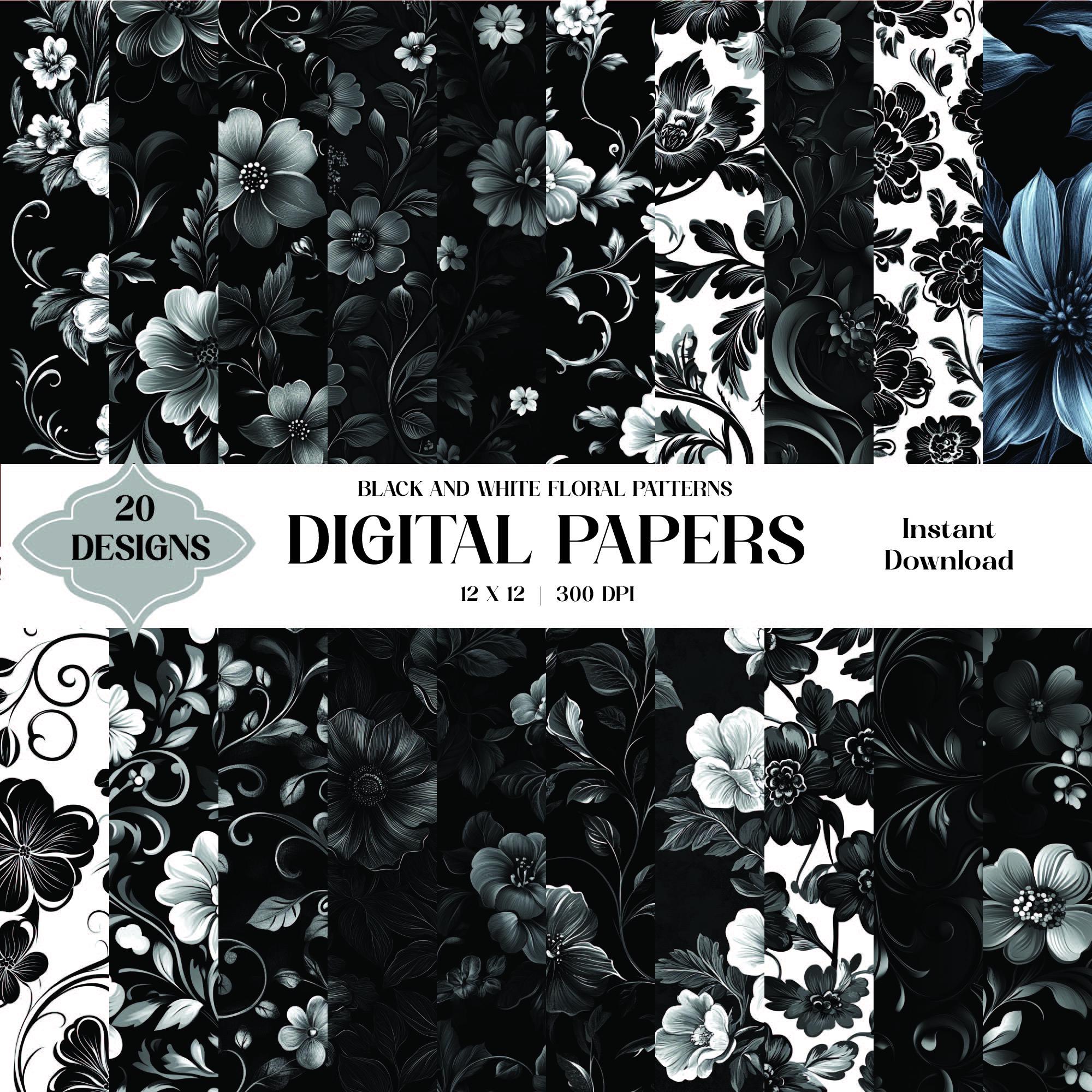 Black and White Floral Digital Paper Pack – 20 Unique Designs, 12x12 ...