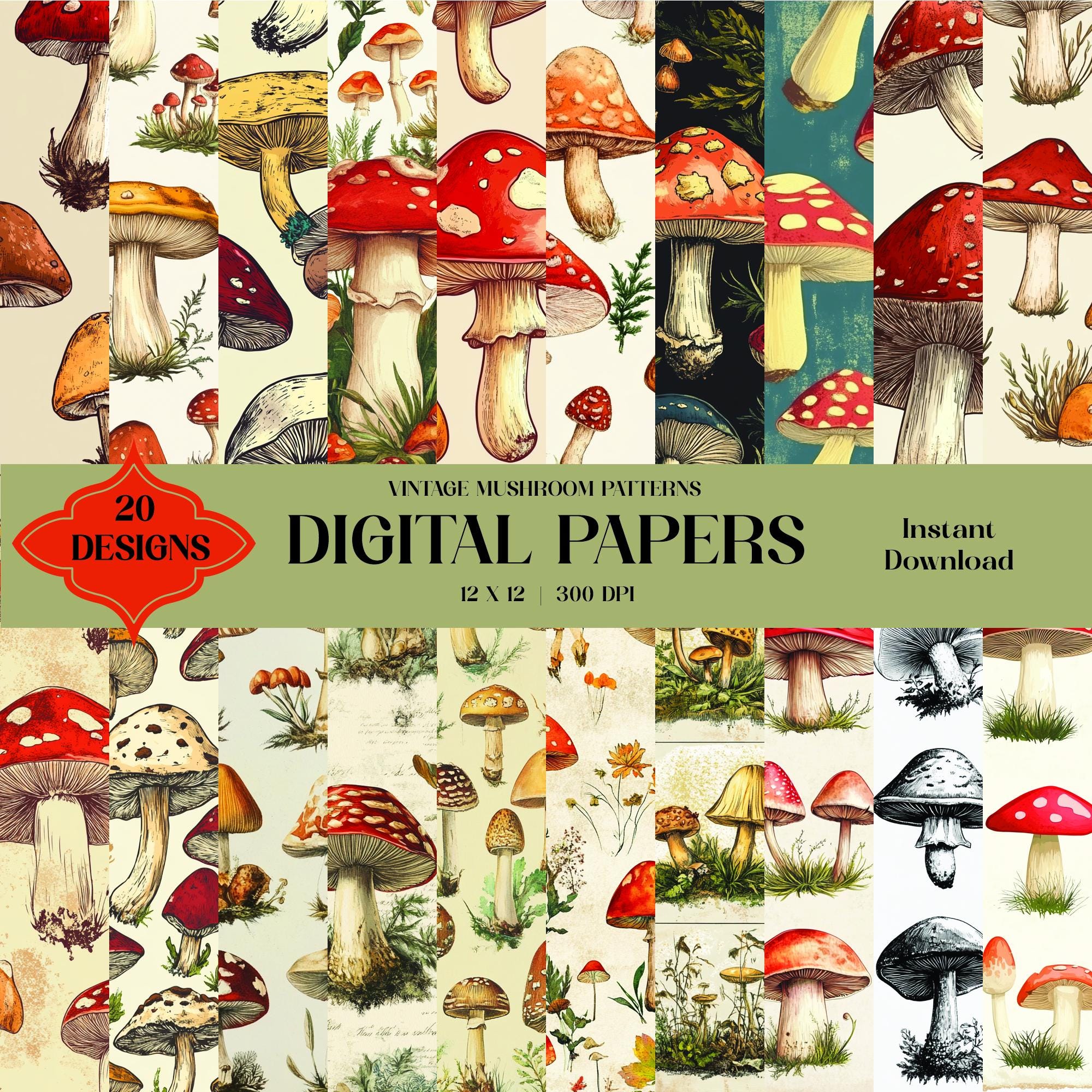 Vintage Mushroom Digital Paper Pack - 20 Whimsical Fungi Patterns, 300 ...