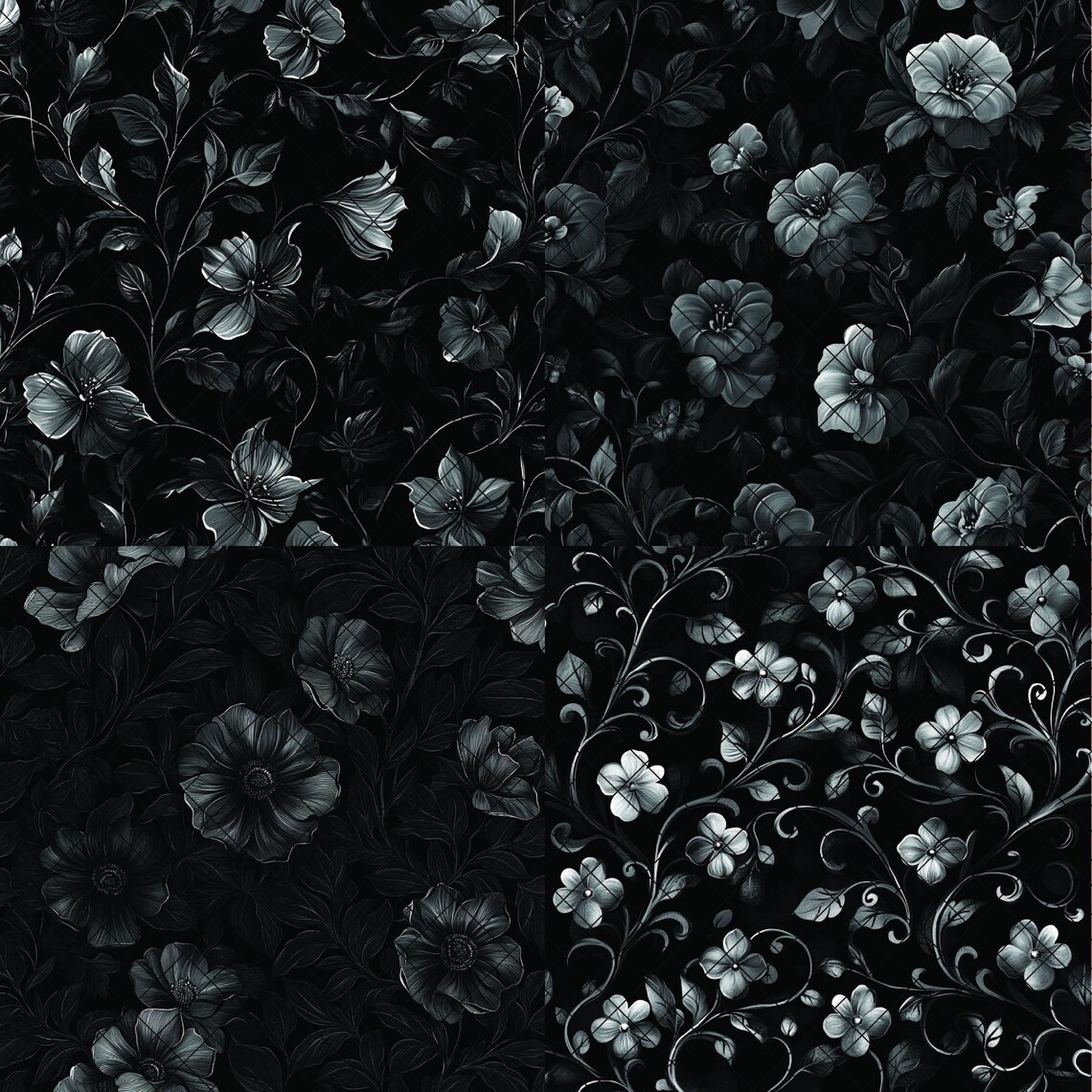 Black and White Floral Digital Paper Pack – 20 Unique Designs, 12x12 ...