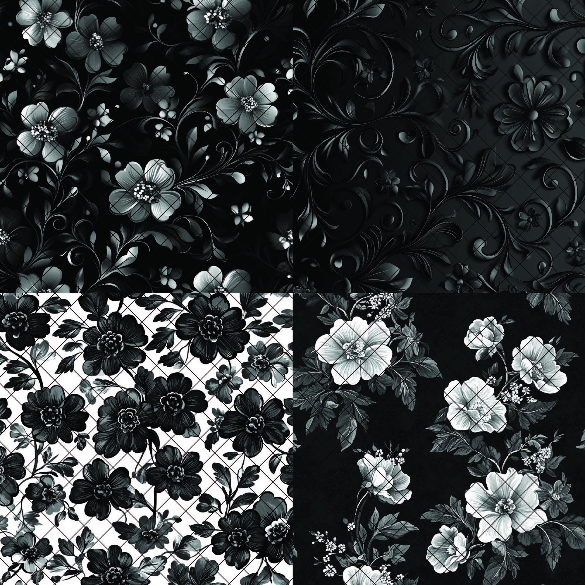 Black and White Floral Digital Paper Pack – 20 Unique Designs, 12x12 ...