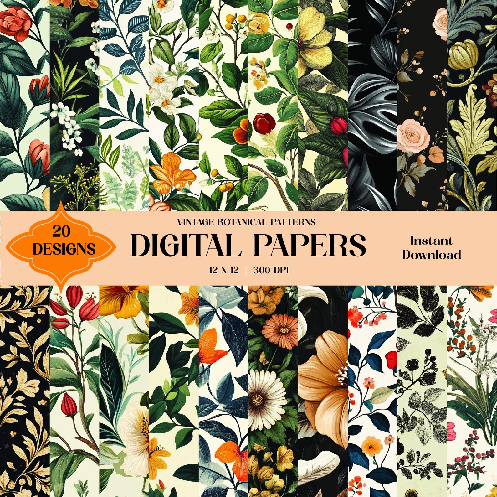 Vintage Botanical Digital Paper Pack - 20 Elegant Nature Patterns, 300 ...