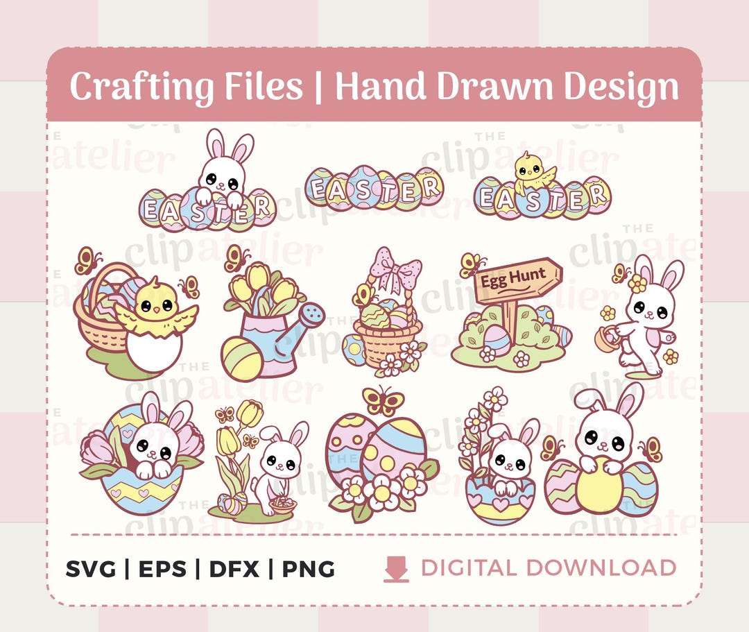 Happy Easter SVG Clipart Bundle: Hand Drawn Bunny, Chick & Eggs (PNG ...