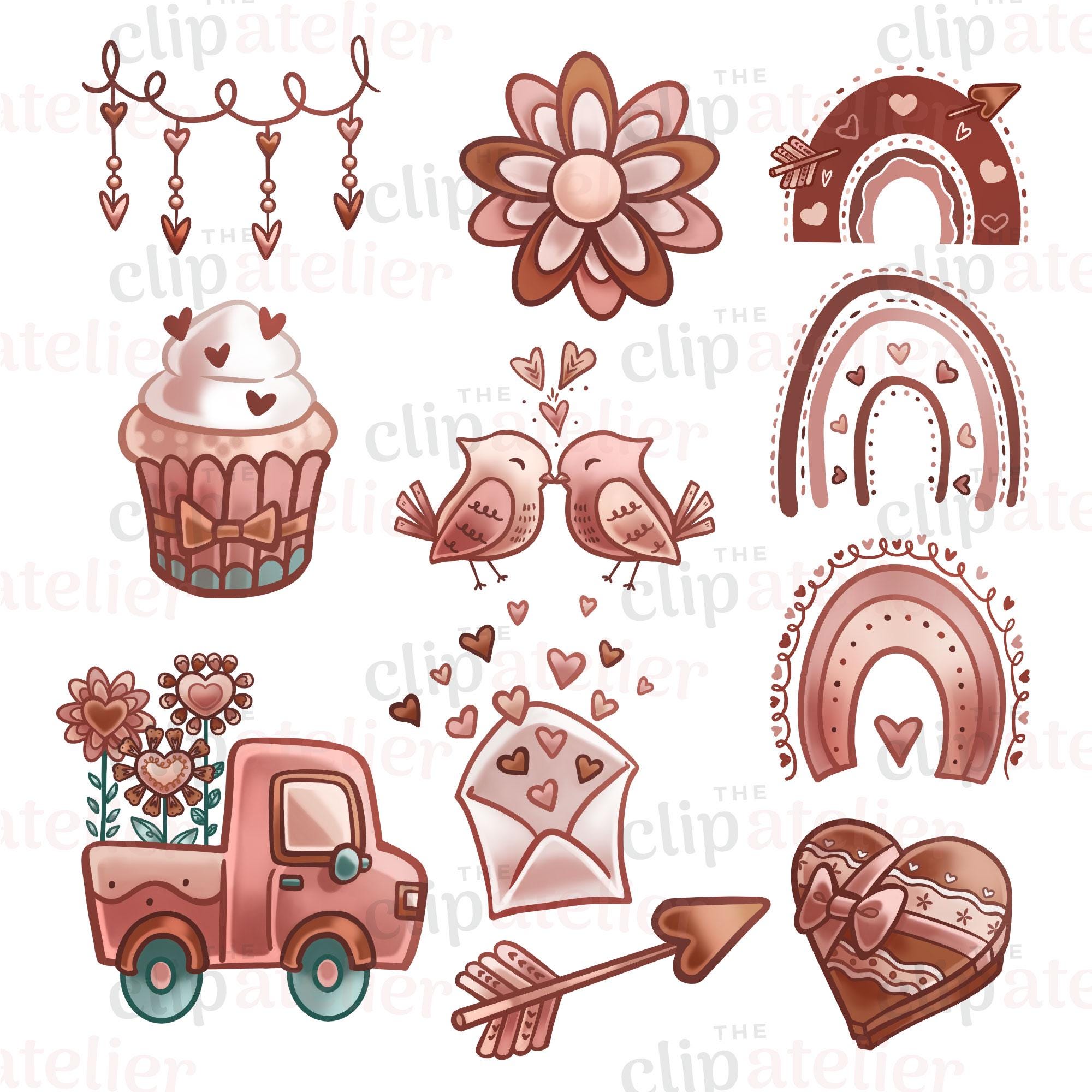 Boho Valentine Clipart: Heart, Rainbow, Flower PNG Graphics (digital ...