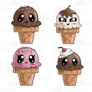 Cute Ice Cream Cones Clipart Illustrations | Sweet Kawaii Digital ...