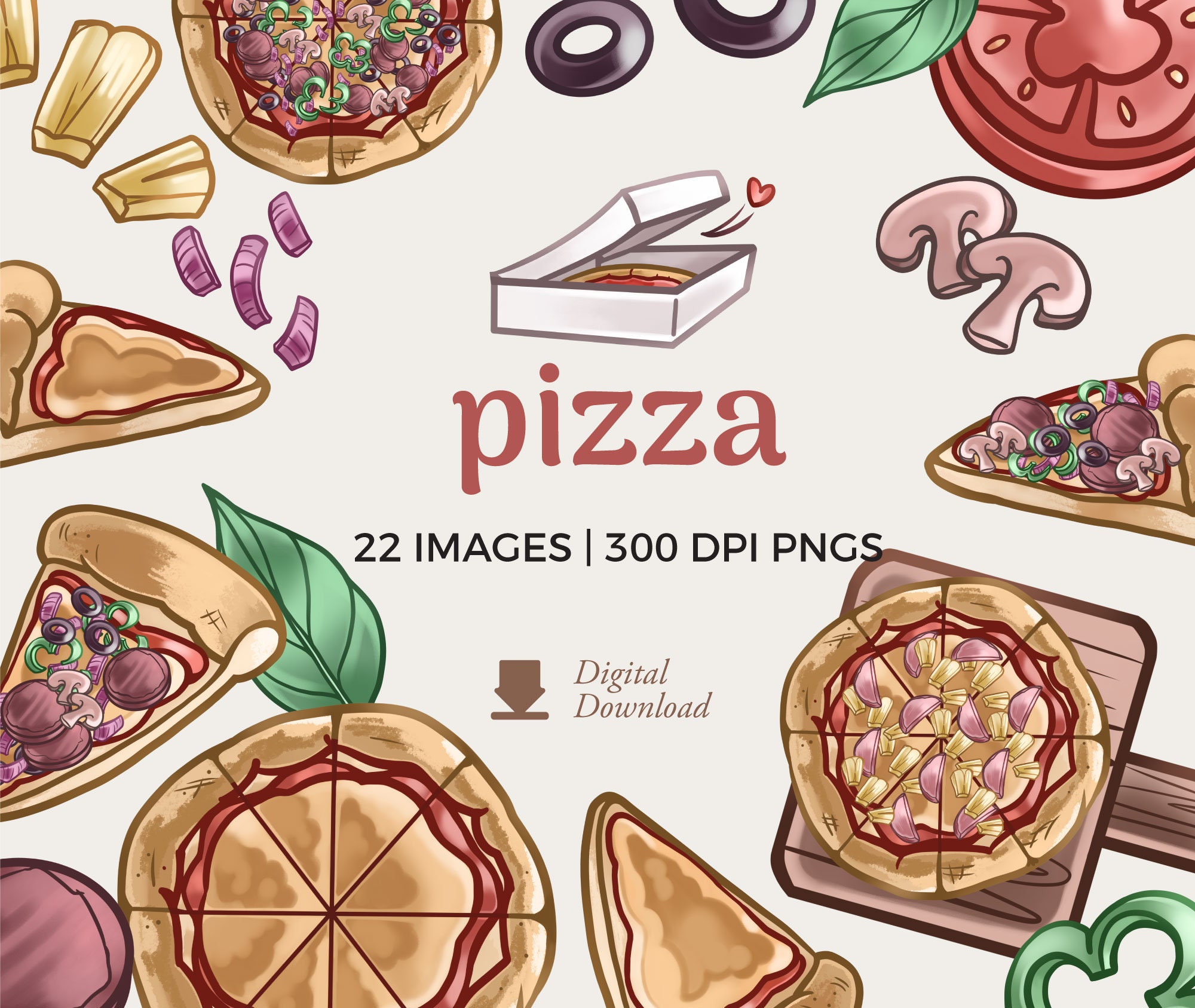 Pizza Clipart Illustrations Pizza Party Food Digital Download Dinner ...