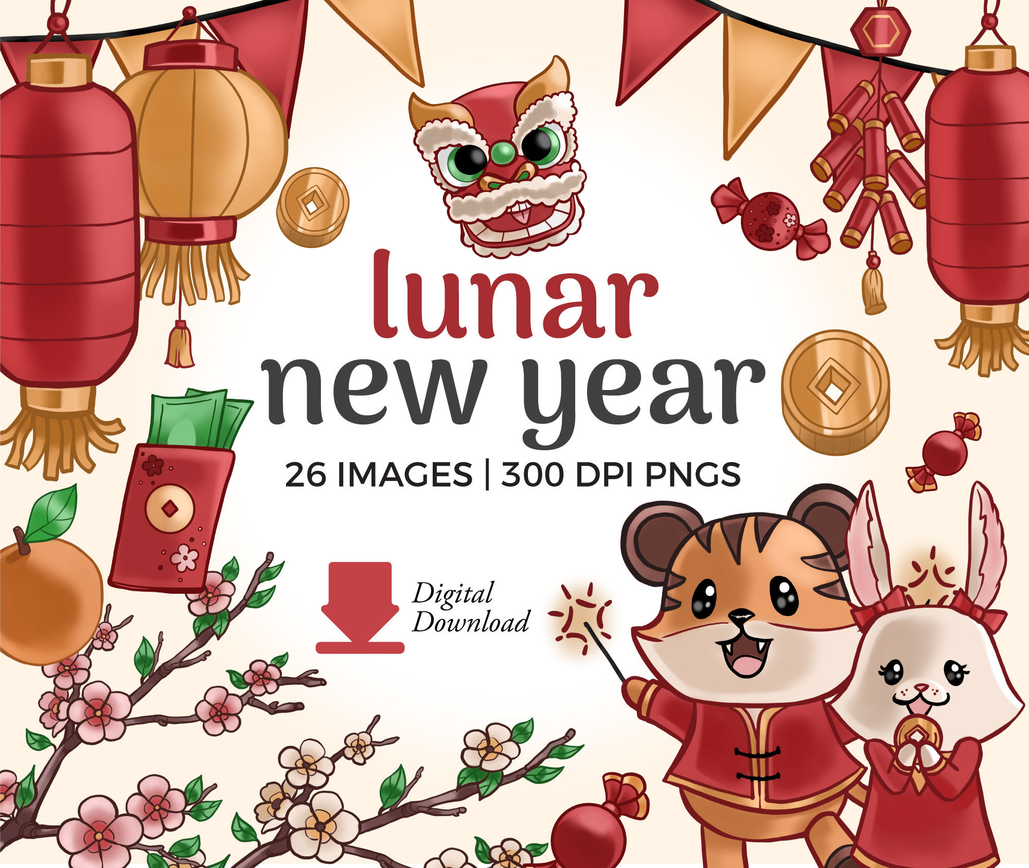 Chinese New Year Clipart Illustrations Lunar New Year PNG - Etsy