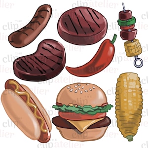 Summer BBQ Clipart Illustrations: Grill, Meat, Veggies & Lemonade ...