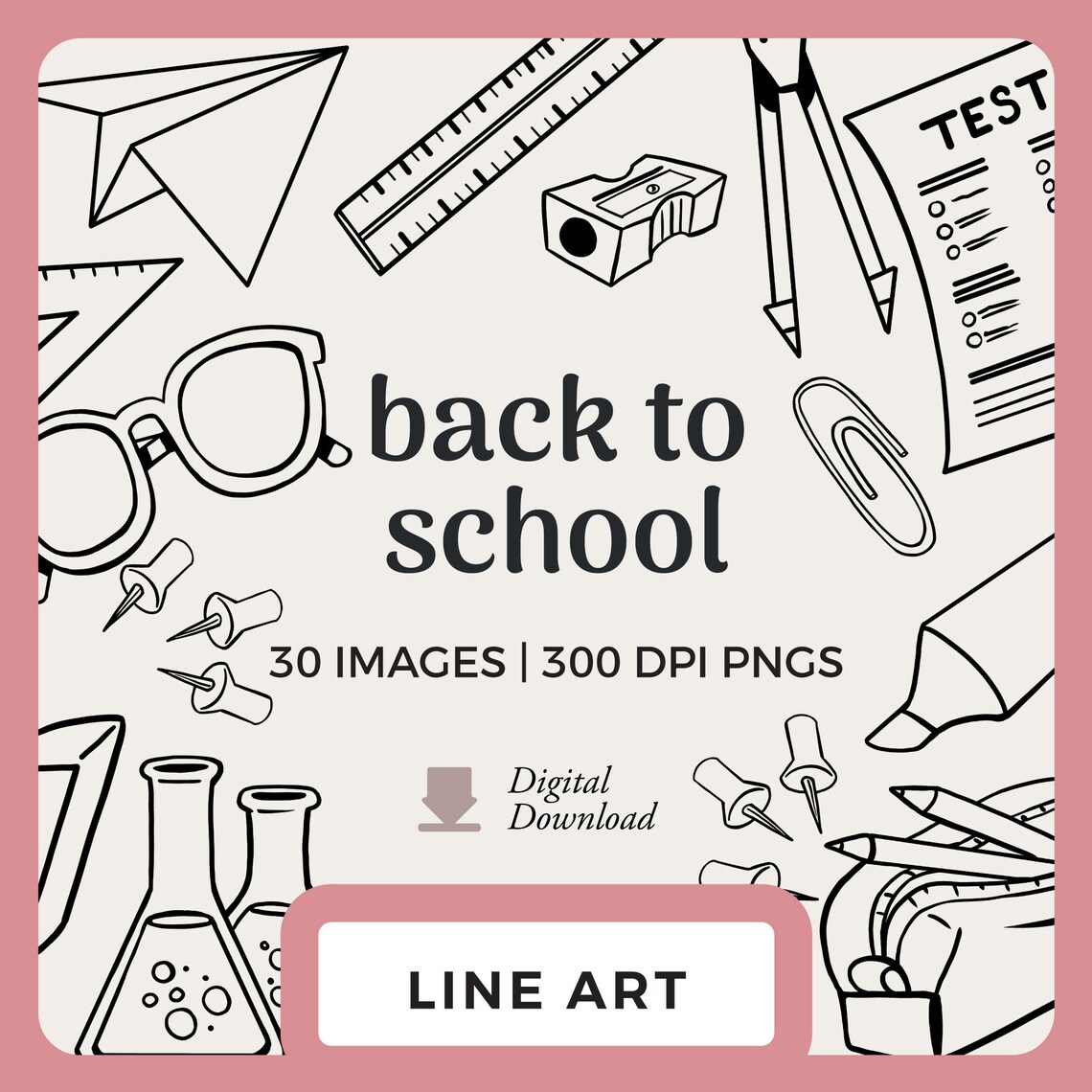 School Supply Line Art Clipart: Hand-drawn Back to School PNG Images ...