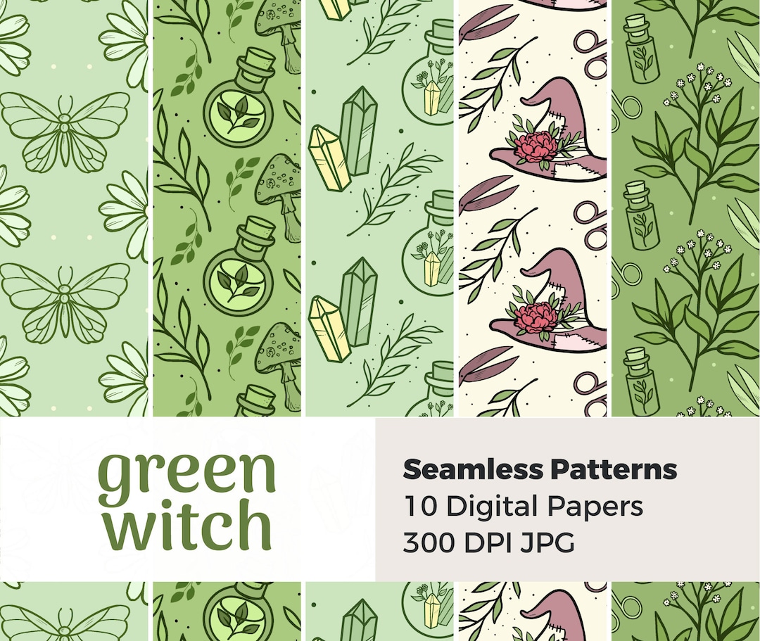 Green Witch Seamless Patterns: Leafy Wiccan Digital Paper (12x12 Jpgs ...