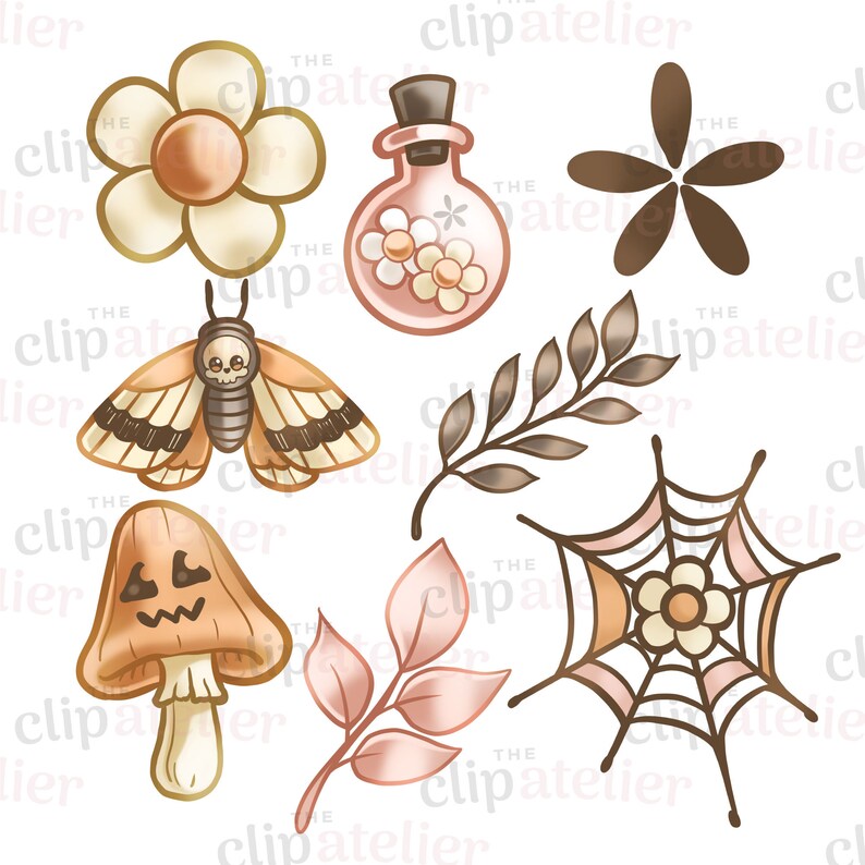 Boho Halloween Clipart: Kawaii Groovy Ghost & Pumpkin Graphics (PNG ...