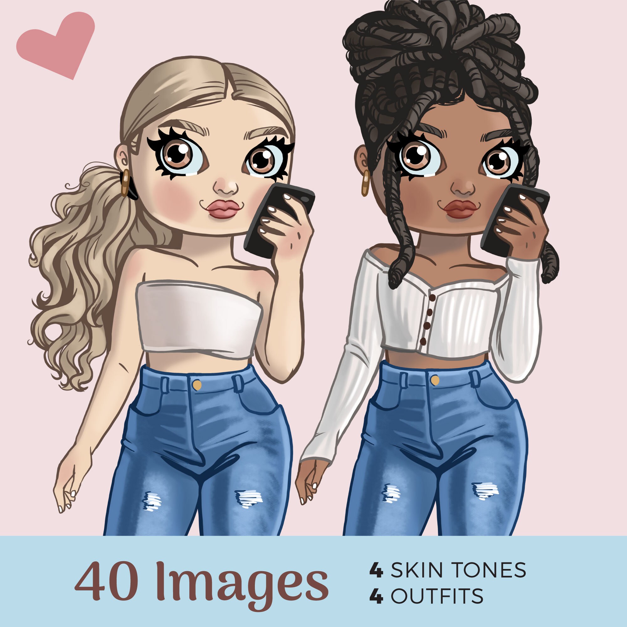 Ripped Denim Jeans Fashion Girl Clipart Chibi Fashion Girl - Etsy