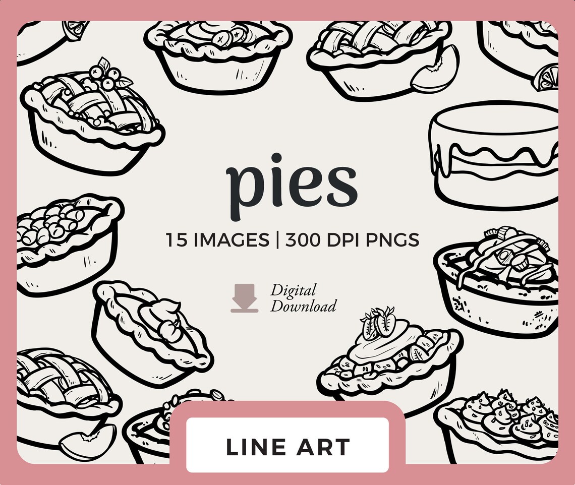 Pies Line Art | Black Outline Clipart Images | Dessert Digital Stamps ...