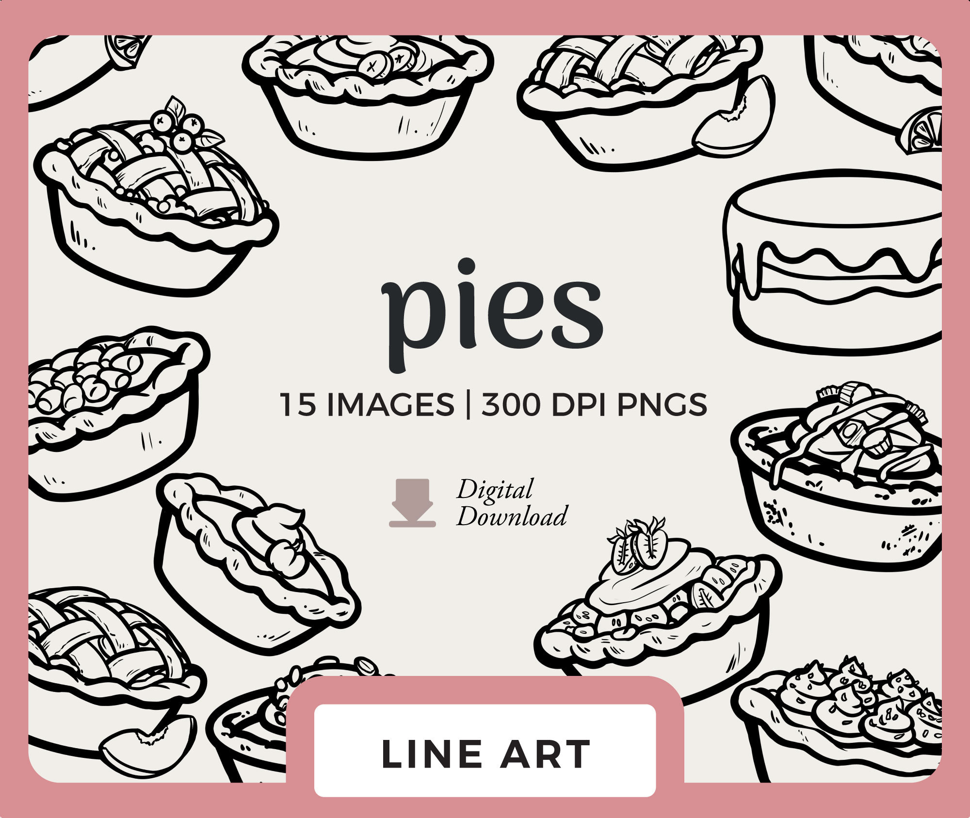 Pies Line Art | Black Outline Clipart Images | Dessert Digital Stamps ...