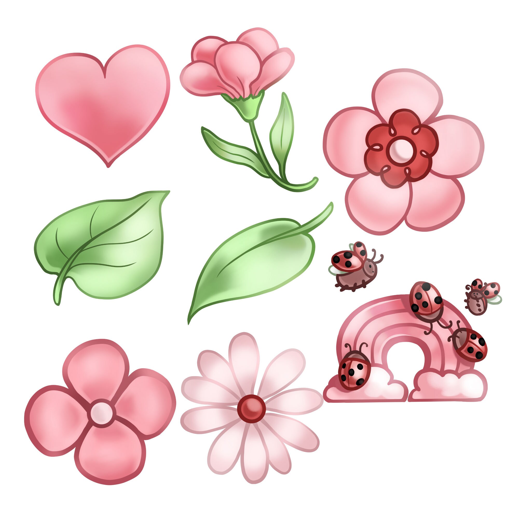 Ladybug Clipart Set | Flowers, Leaves, & Insects PNG Illustrations ...