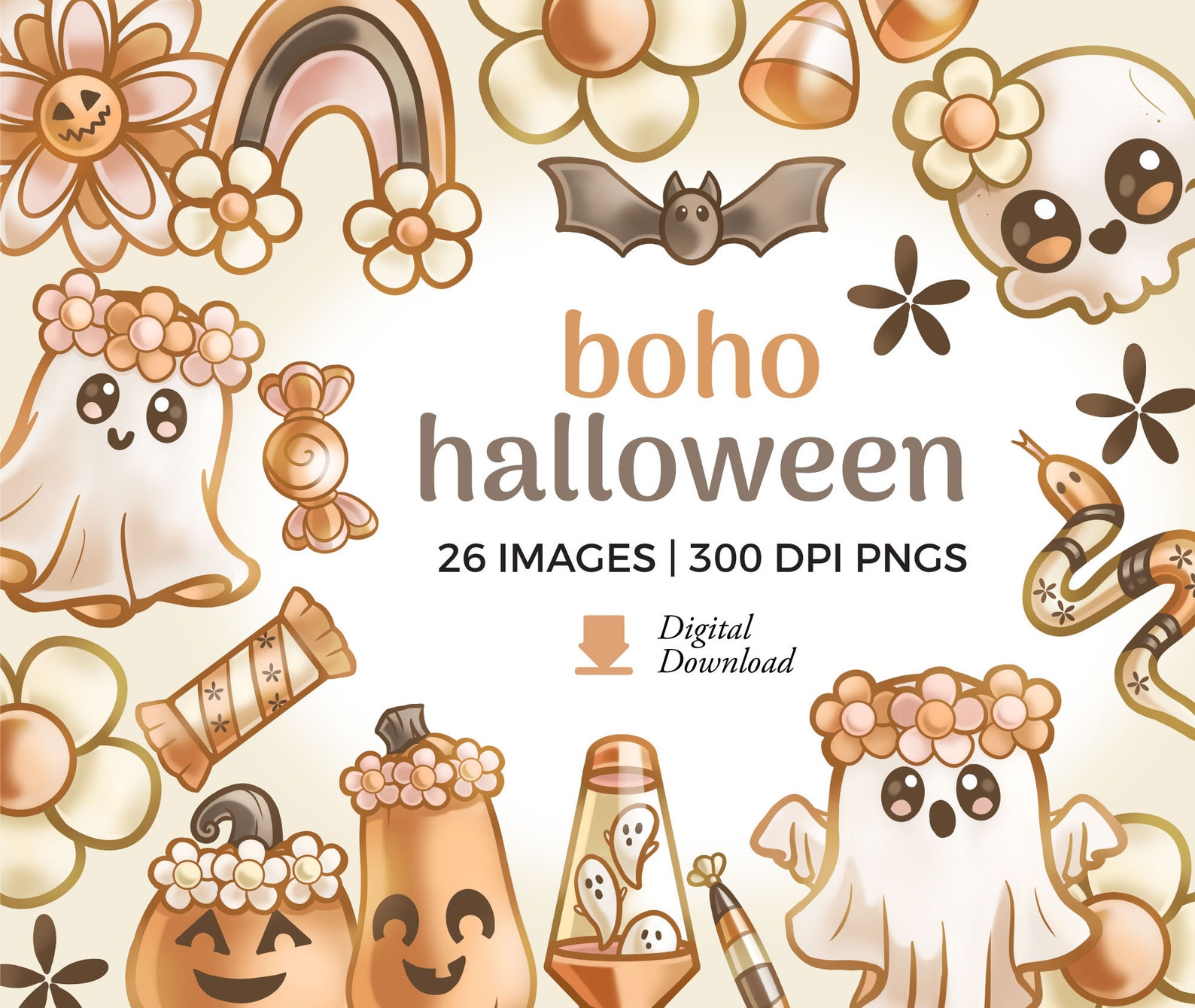 Boho Halloween Clipart: Kawaii Groovy Ghost & Pumpkin Graphics (PNG ...