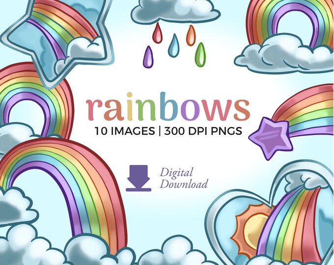 Rainbow Clipart Set / Clouds PNG / Cute Rainbows / Stars Illustration ...