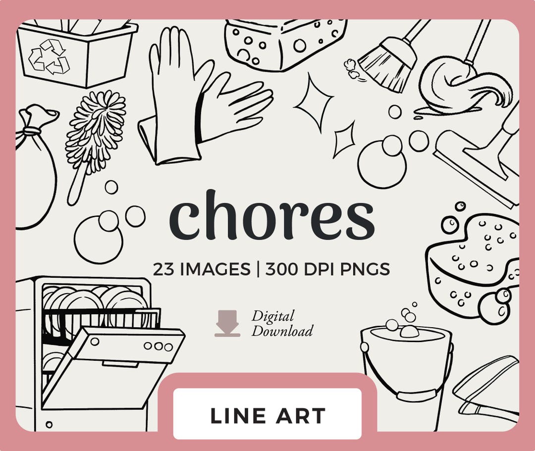 House Chores Line Art: Minimalist Cleaning Clipart PNG Drawings ...
