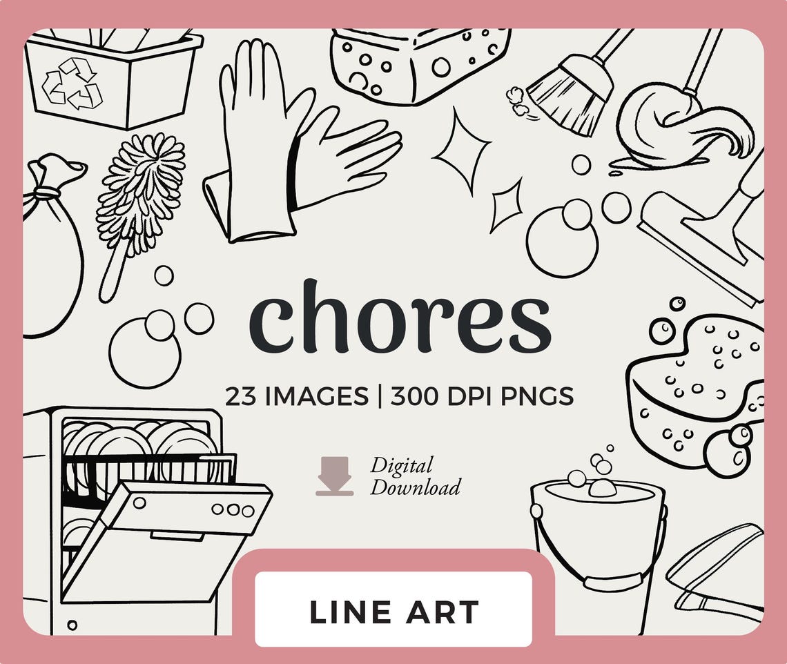 House Chores Line Art: Minimalist Cleaning Clipart PNG Drawings ...