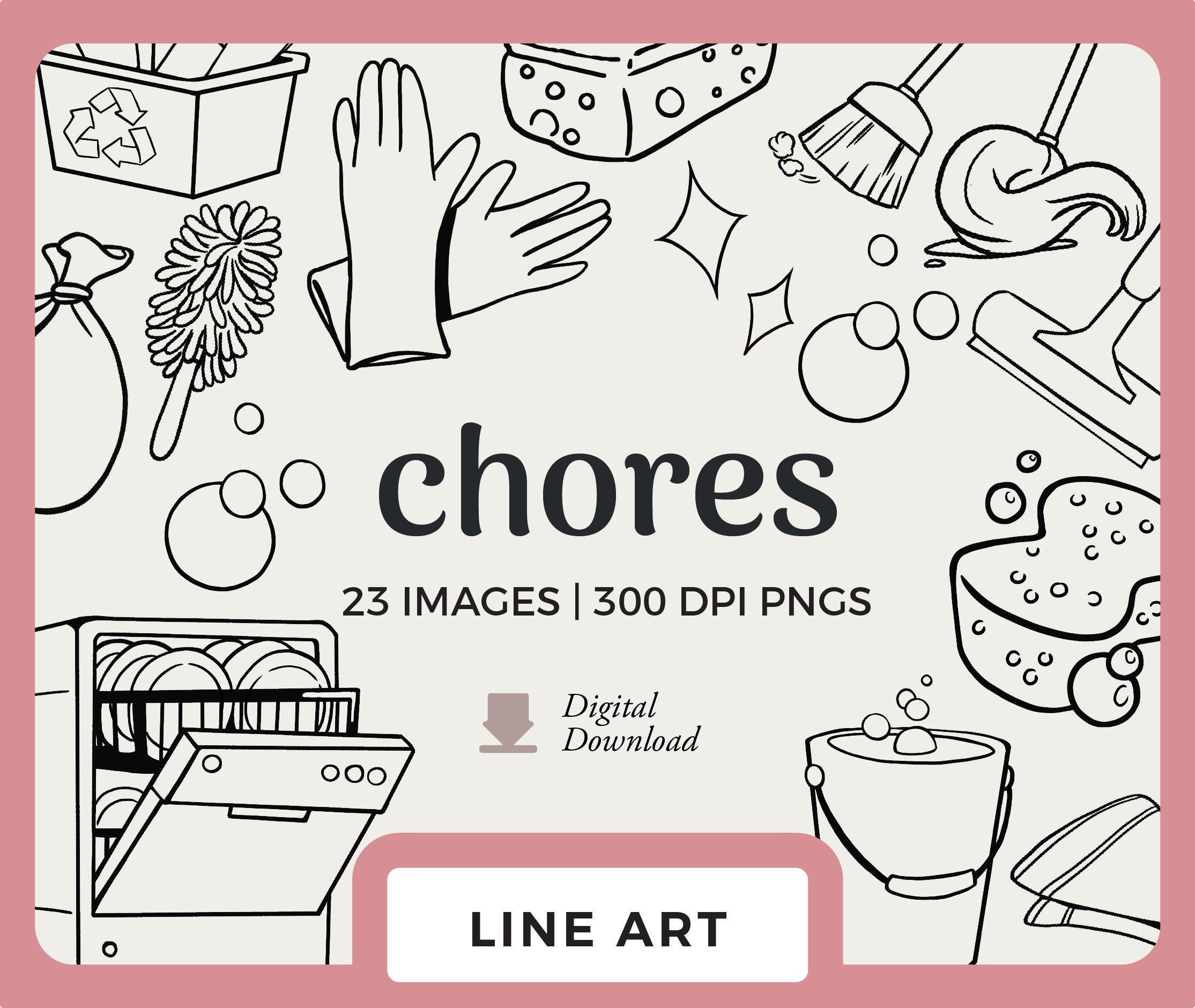 House Chores Line Art: Minimalist Cleaning Clipart PNG Drawings ...
