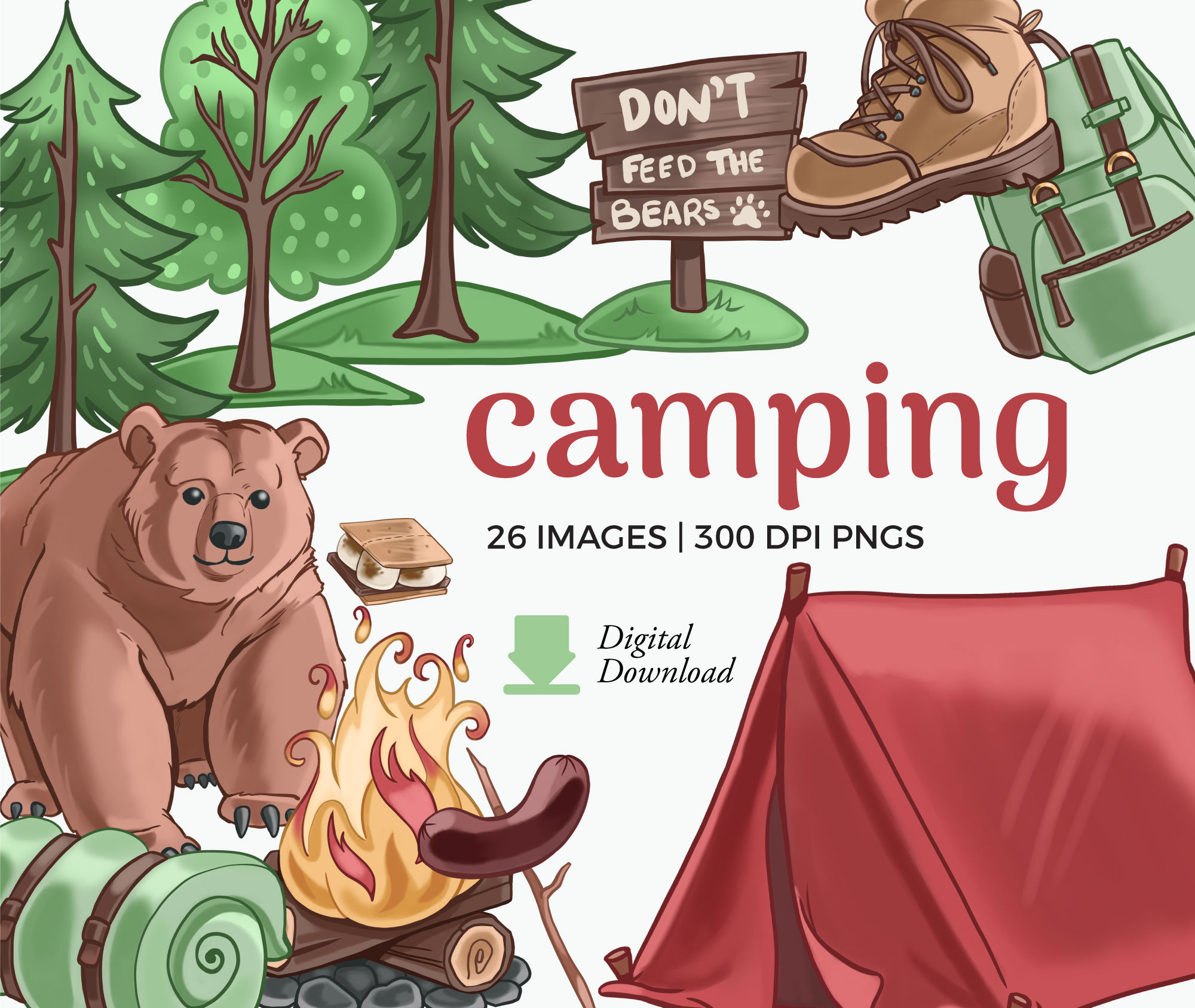 Camping Clipart Illustrations: Bear, Tent, Campfire (PNG Download) - Etsy