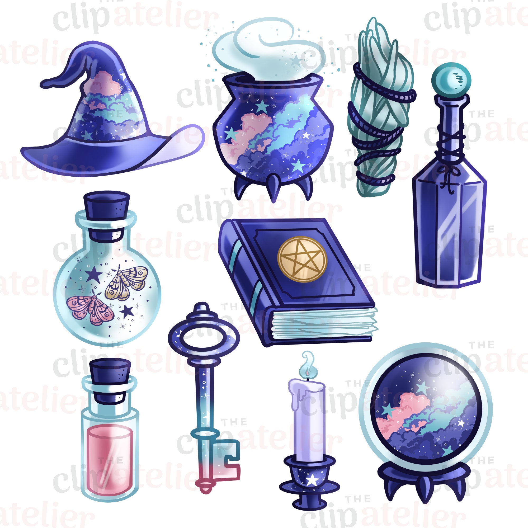 Cosmic Witch Clipart: Celestial Witch Hat, Tarot Cards, Starry Cat (PNG ...
